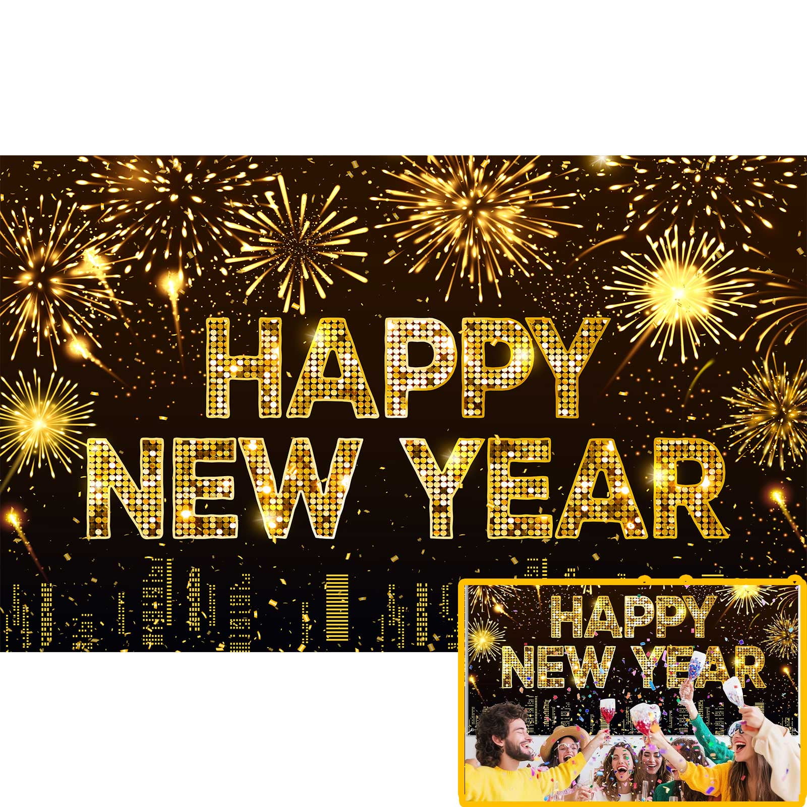 Happy New Year Backdrops for Photoshoot, Golden Fireworks New Year Eve ...