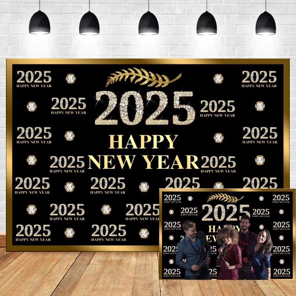 Happy New Year Banner 2025, New Years Backdrop, Black & Gold Confetti ...
