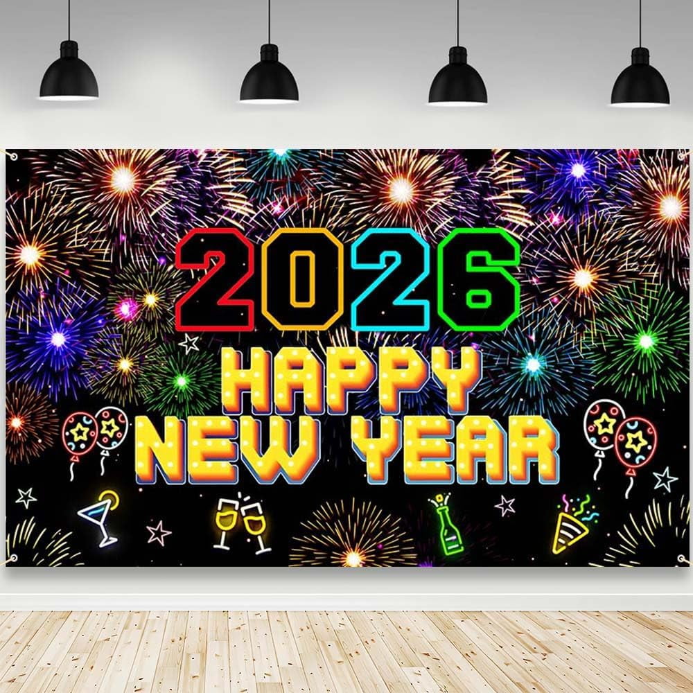 Happy New Year Banner 2026 New Year Eve Backdrop Neon Happy New Years ...