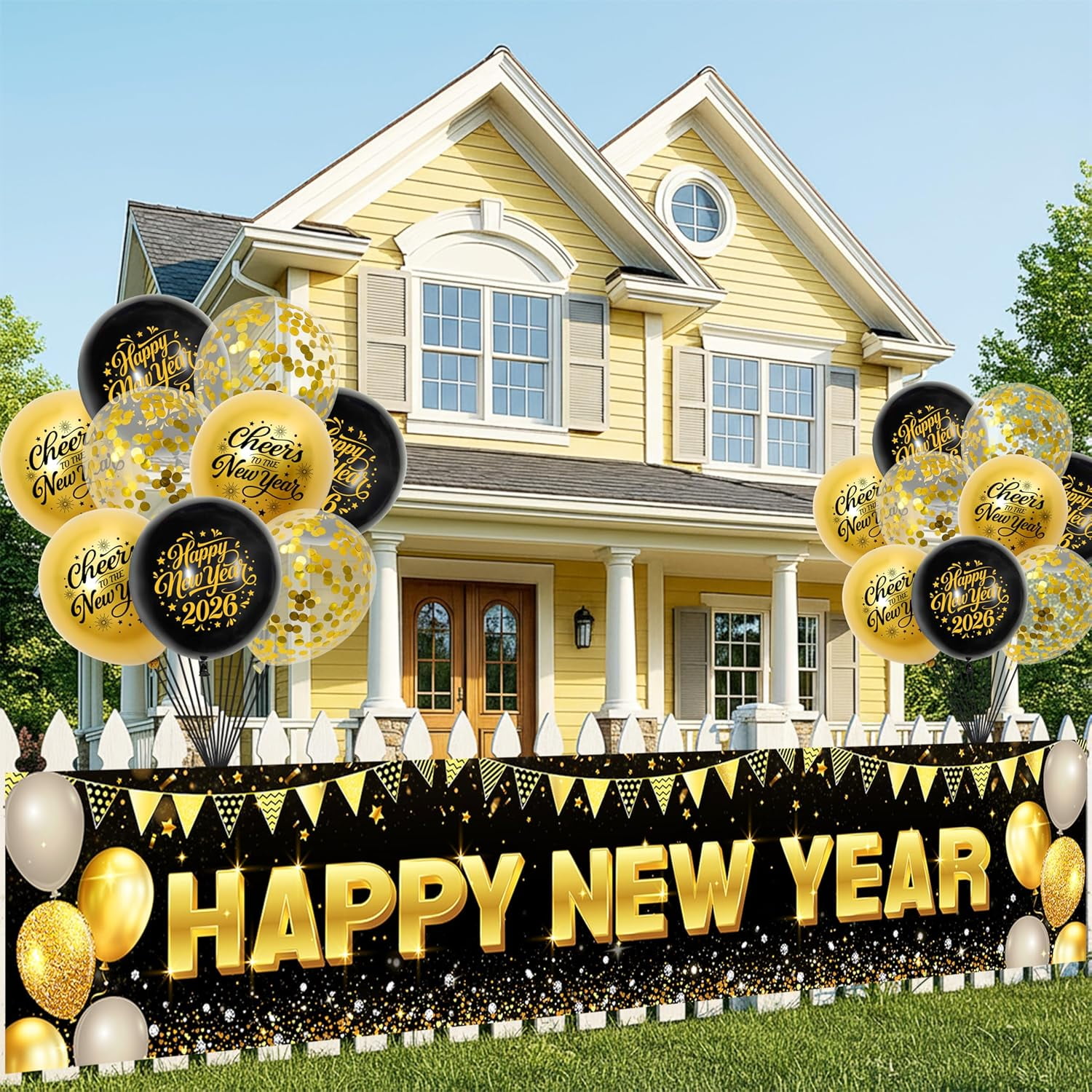 Happy New Year Banner 2026 with 18 Balloons - 120x20 Inch Large Yard ...