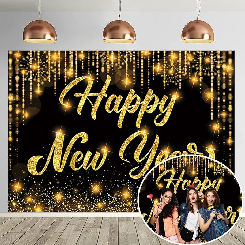 Happy New Year Banner Backdrop 2025 Black and Gold Glitter New Years ...