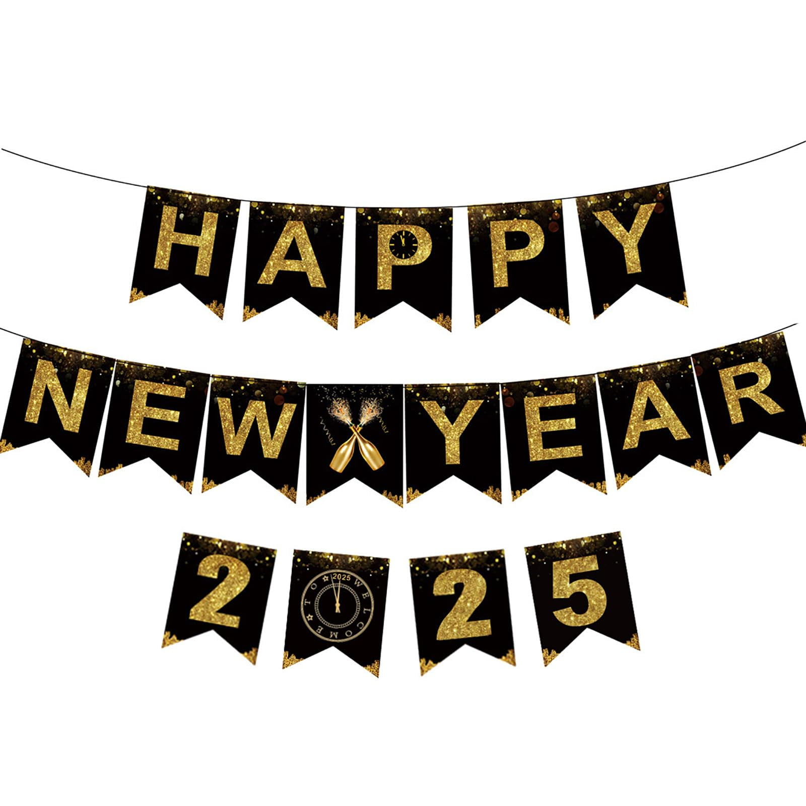 Happy New Year Banner, Black Gold Happy New Year 2025 Sign for Happy ...