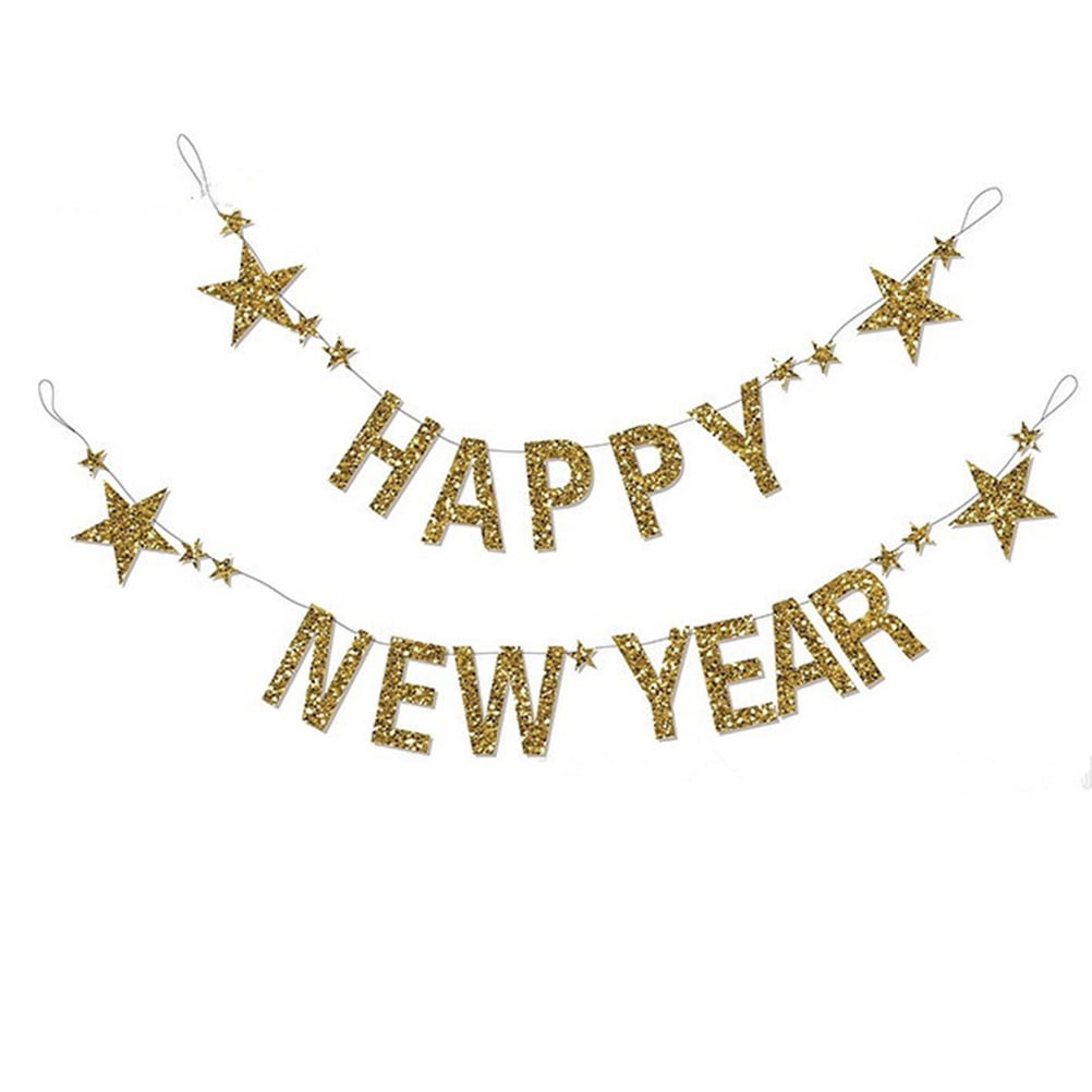 Happy New Year Banner Golden Glitter Bunting Party Holiday Decoration ...