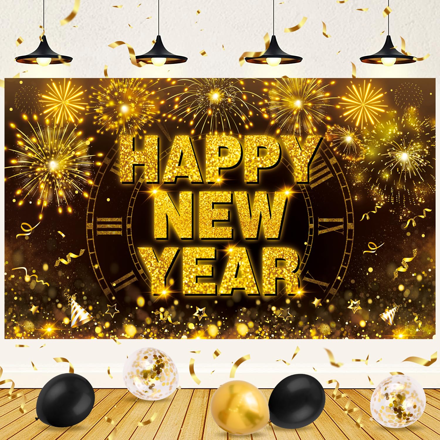 Happy New Year Banner, New Years Backdrop Decorations Firework Happy ...