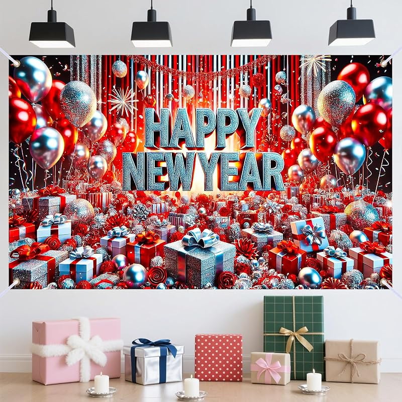 Happy New Year Banner, Red Blue Balloons Dense Backdrop for Party ...