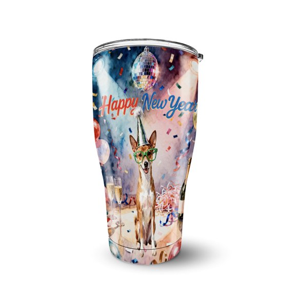 Happy New Year Basenji Chills on Year-End Party 30oz Stainless Steel ...