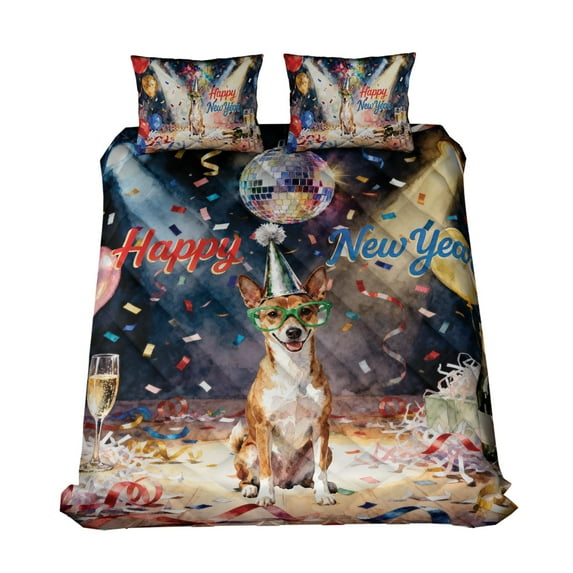 Happy New Year Basenji Chills on Year-End Party Quilt Bedding Set ...