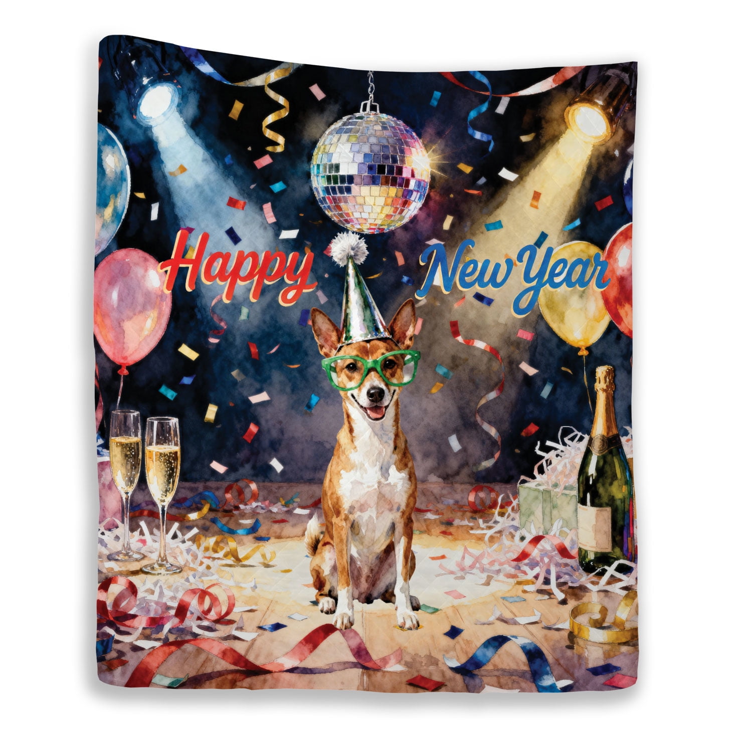 Happy New Year Basenji Chills on Year-End Party Quilt Blanket African ...