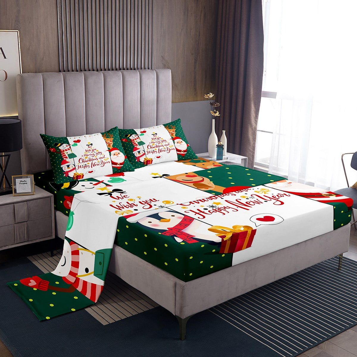 Happy New Year Bed Sheets Set 4 Piece Santa Claus Gifts Sheet Set Queen ...