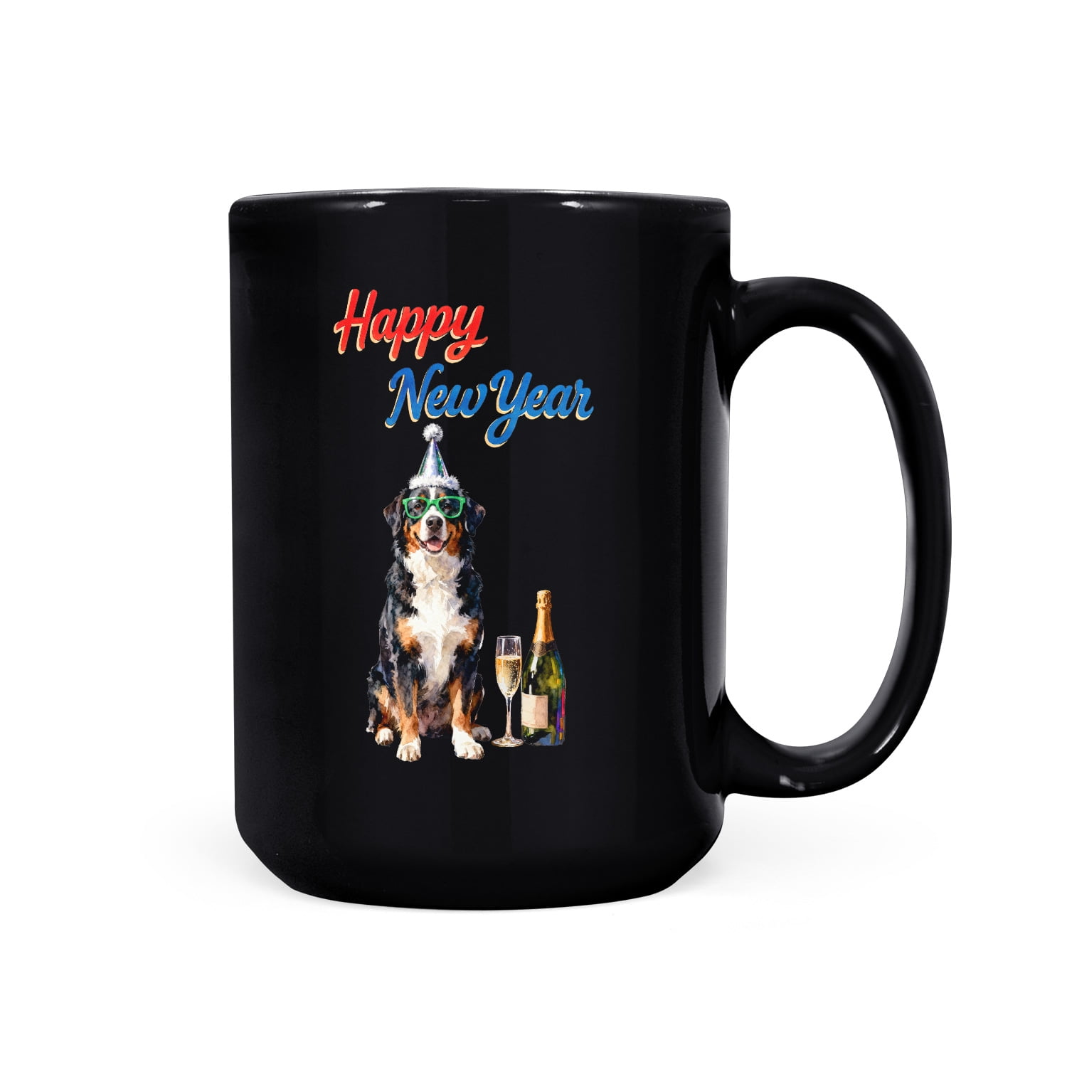 Happy New Year Bernese Mountain Dog Chills on Year-End Party Mug Berner ...