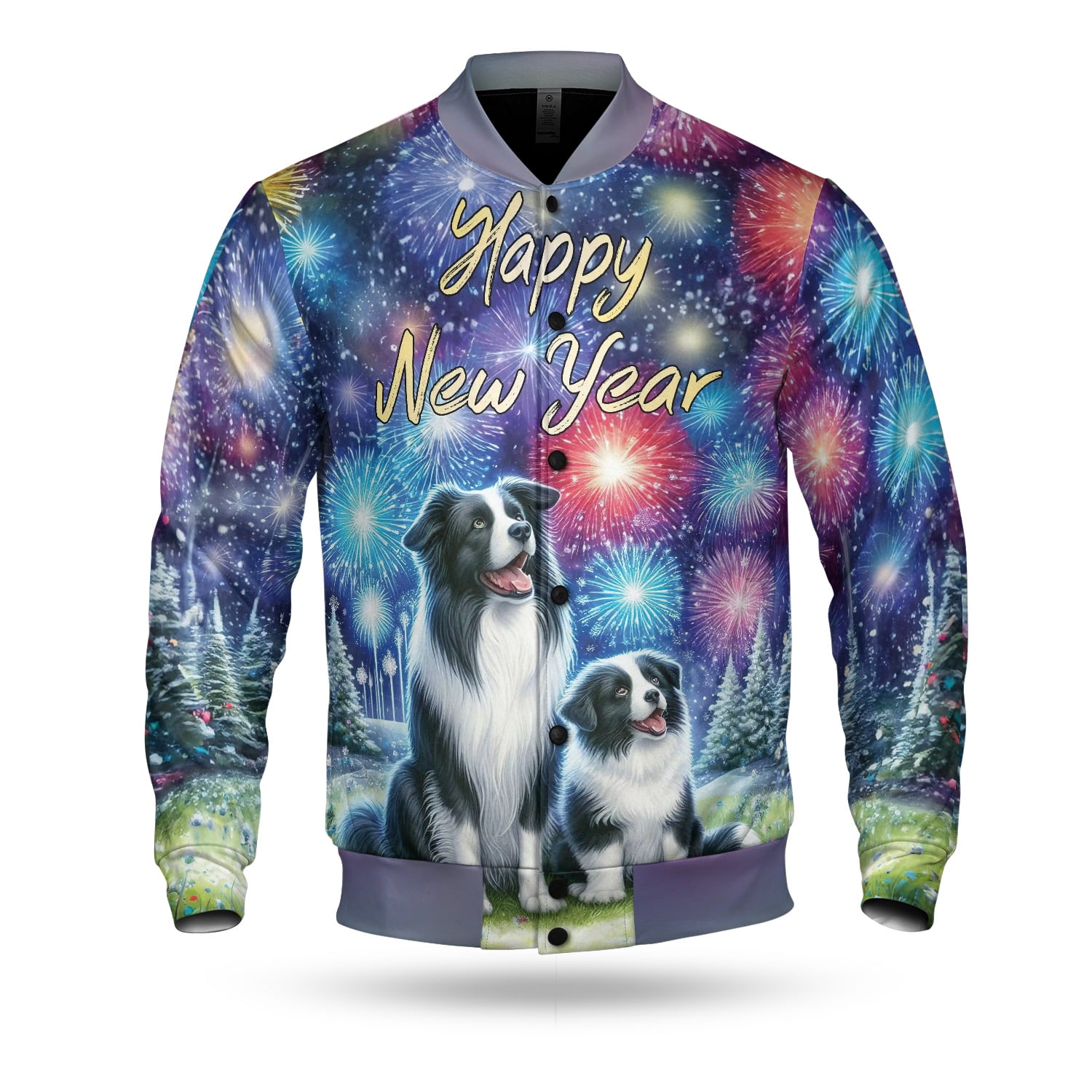 Happy New Year Border Collie Family Cheer Winter Midnight Firework All ...