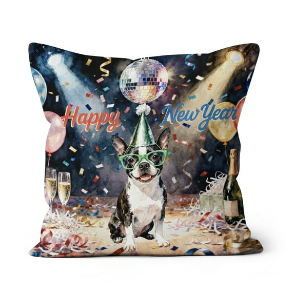 Happy New Year Boston Terrier Chills on Year-End Party Pillow Cushion ...