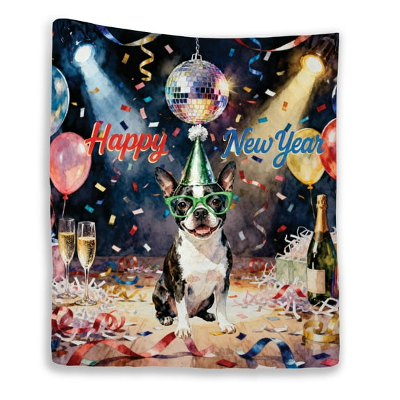 Happy New Year Boston Terrier Chills on Year-End Party Quilt Blanket ...