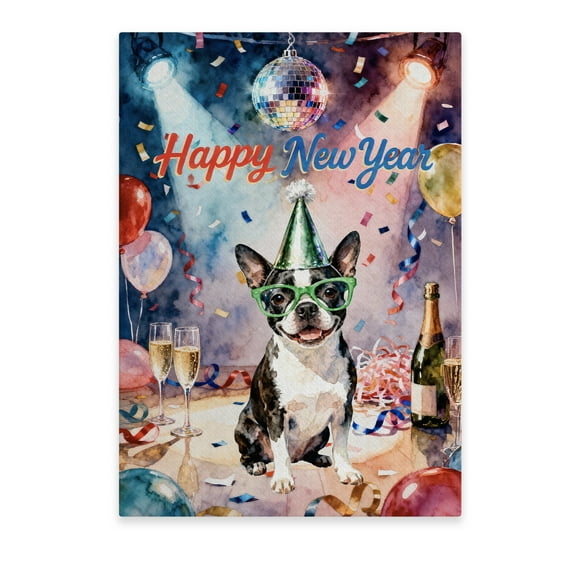 Happy New Year Boston Terrier Chills on Year-End Party Vertical Matte ...