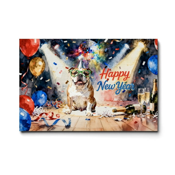 Happy New Year Bulldog Chills on Year-End Party Horizontal Matte Canvas ...