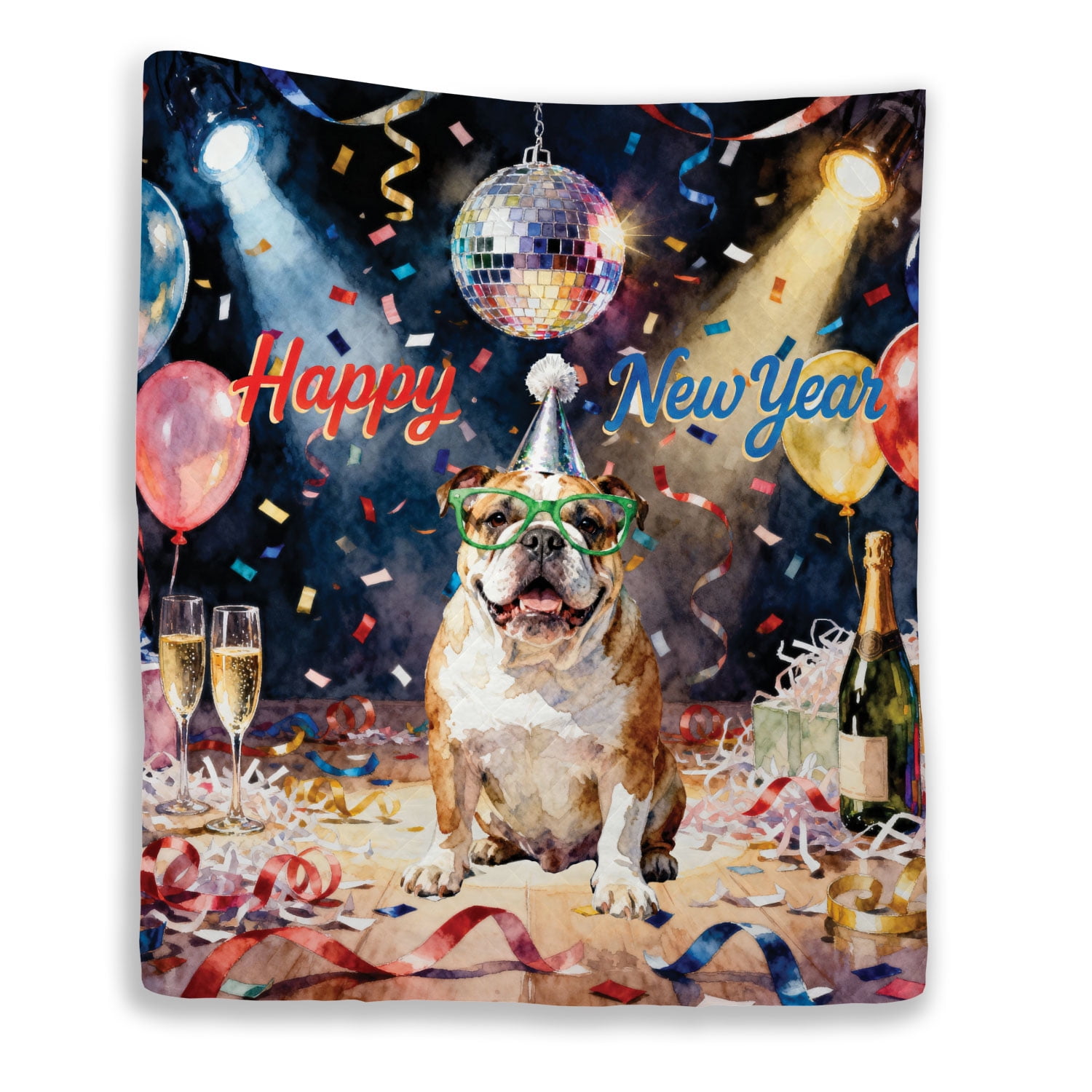 Happy New Year Bulldog Chills on Year-End Party Quilt Blanket Dog Lover ...
