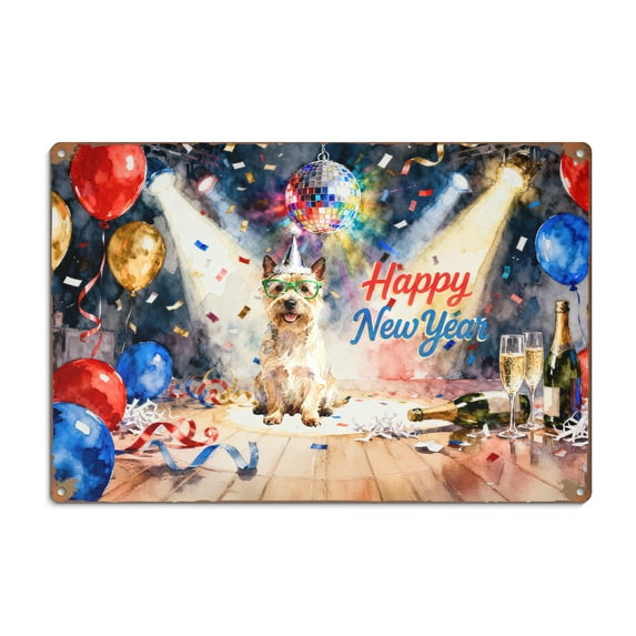 Happy New Year Cairn Terrier Chills on Year-End Party Horizontal Metal ...