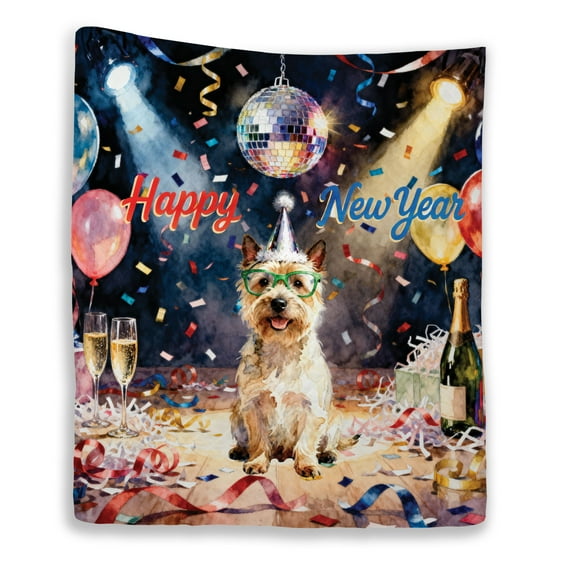 Happy New Year Cairn Terrier Chills on Year-End Party Quilt Blanket ...