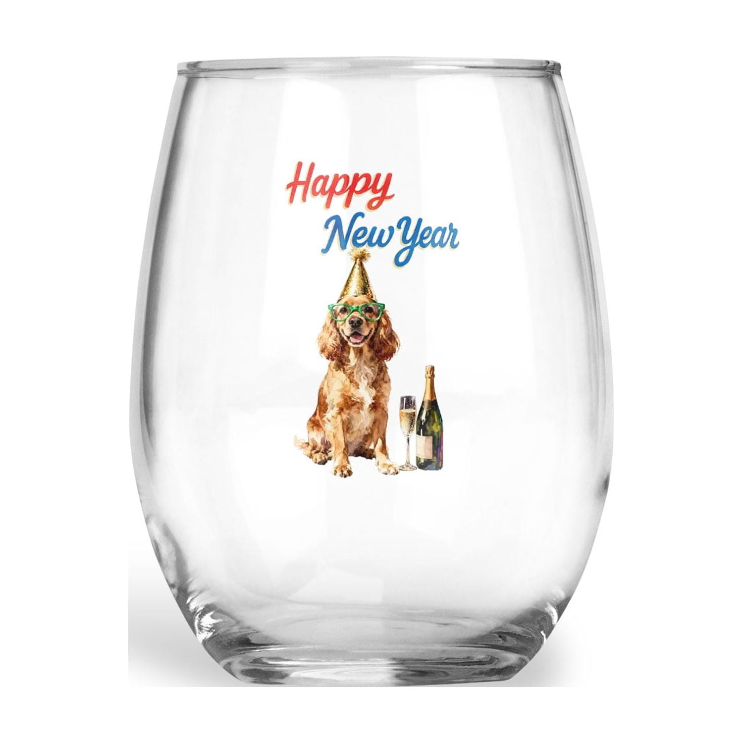 Happy New Year Cocker Spaniel Chills on Year-End Party 15oz Stemless ...