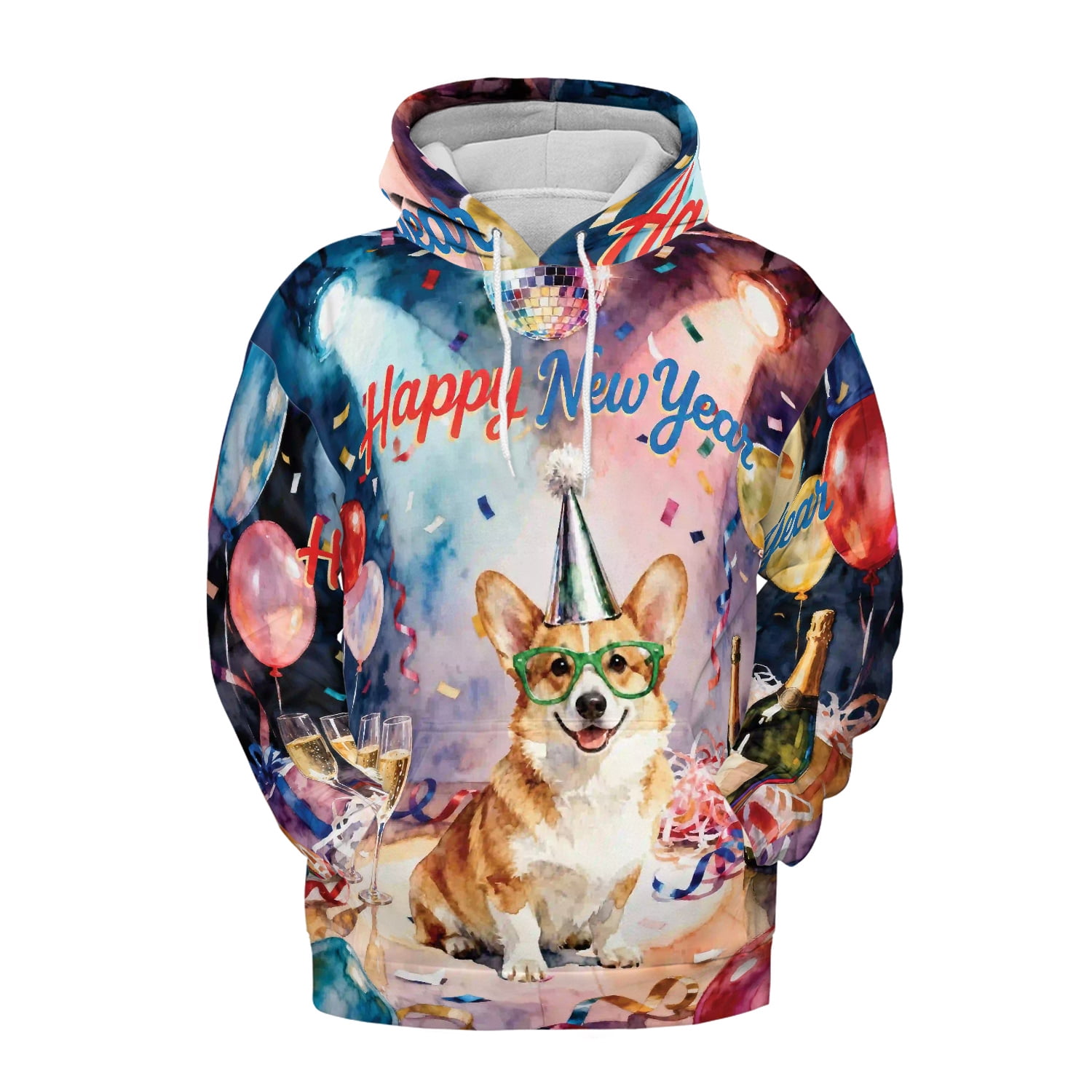 Happy New Year Corgi Chills on Year-End Party All Over Print 3D Hoodie ...