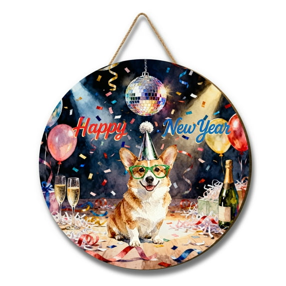 Happy New Year Corgi Chills on Year-End Party Round Wood Sign Welsh ...