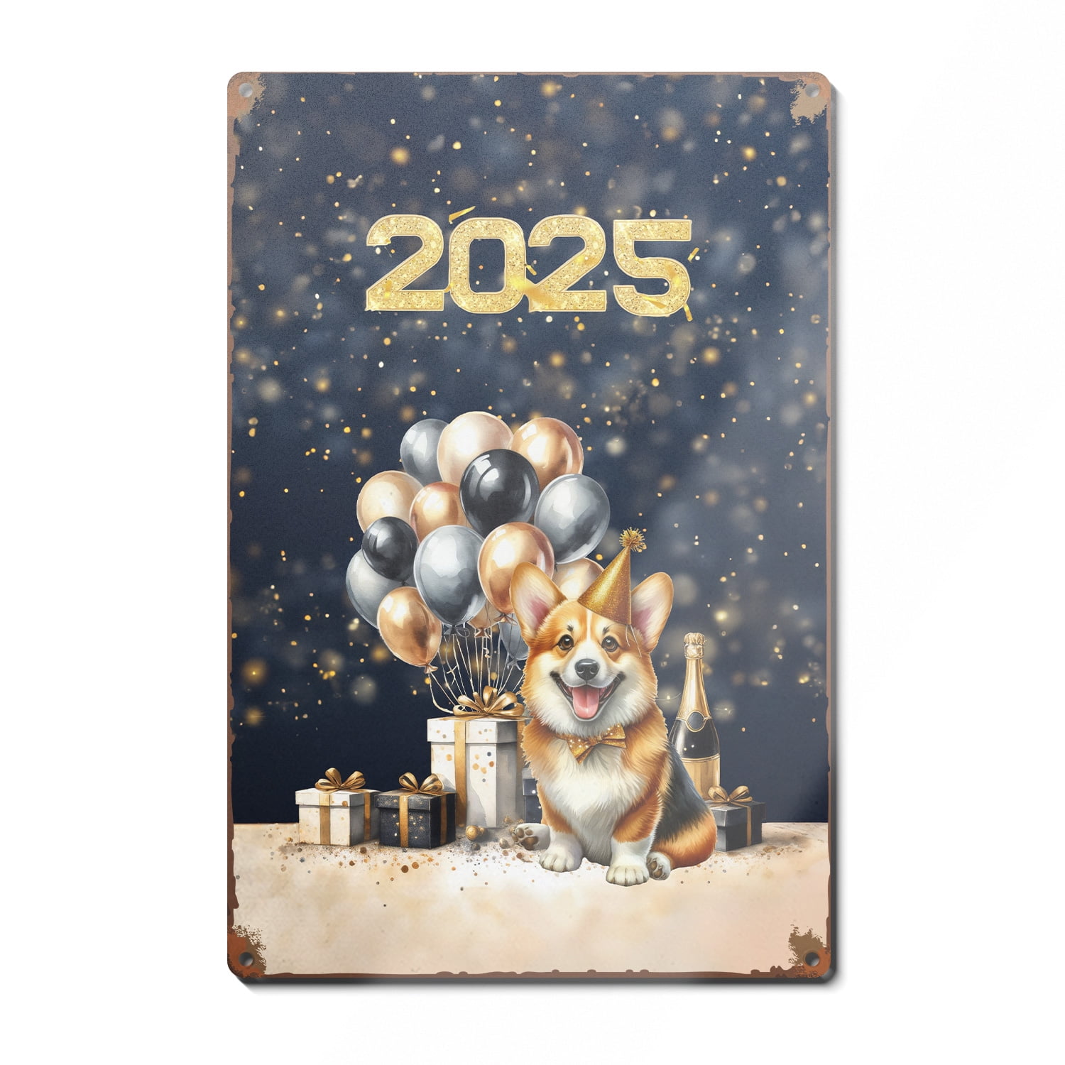 Happy New Year Corgi Welcome 2025 Balloon Firework Party Vertical Metal ...