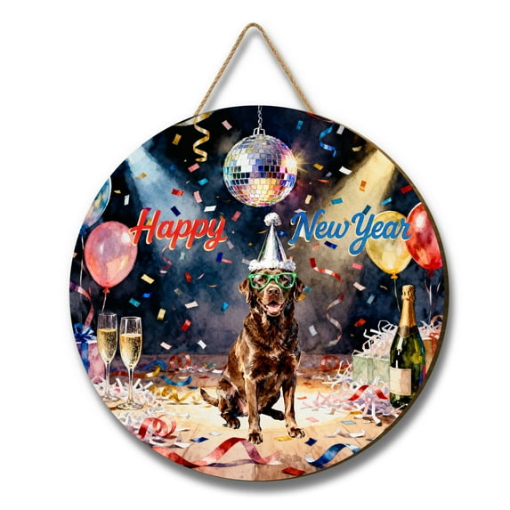 Happy New Year Dachshund Chills on Year-End Party Round Wood Sign ...
