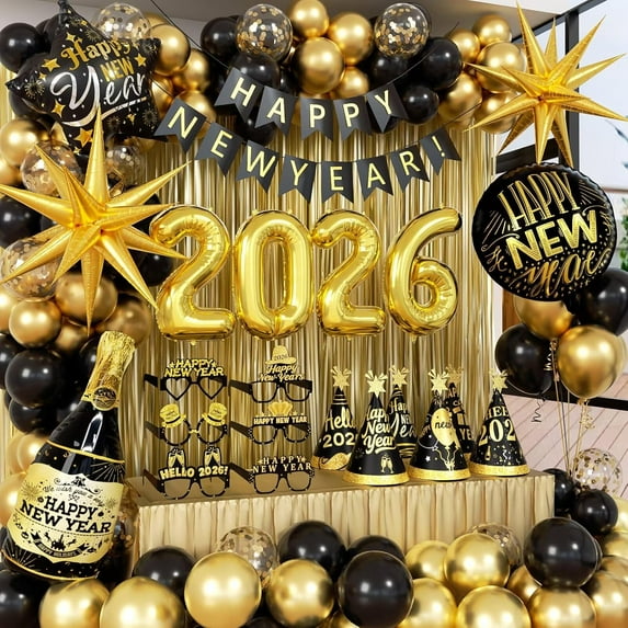 Happy New Year Decorations 2026 with Black and Gold Balloons 2026 ...