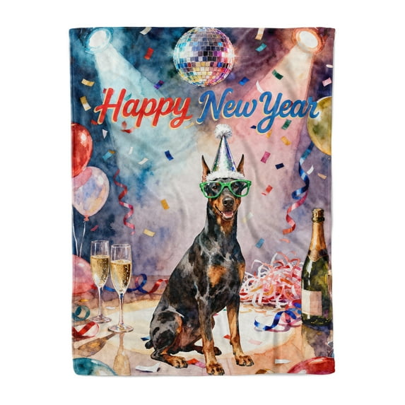 Happy New Year Doberman Pinscher Chills on Year-End Party Cozy Fleece ...