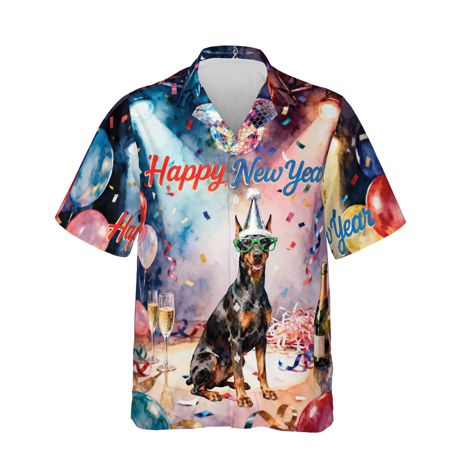 Happy New Year Doberman Pinscher Chills on Year-End Party Hawaiian ...