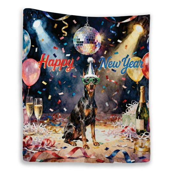 Happy New Year Doberman Pinscher Chills on Year-End Party Quilt Blanket ...