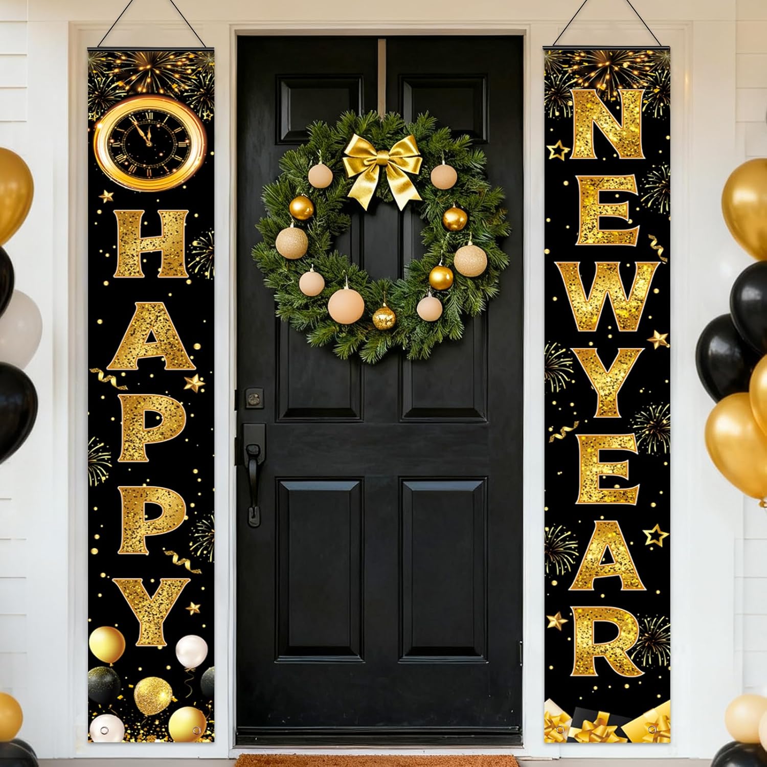 Happy New Year Door Banner 2026, Black Gold New Year Front Porch Hang ...
