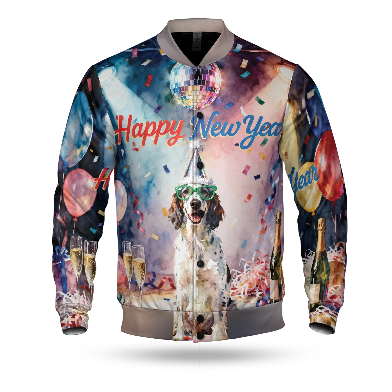 Happy New Year English Setter Chills on Year-End Party All Over Print 3D Baseball Jacket Dog ...