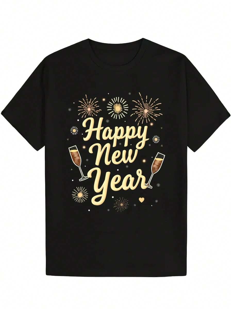 Happy New Year" Festive Black T-Shirt With Fireworks Champagne Design ...