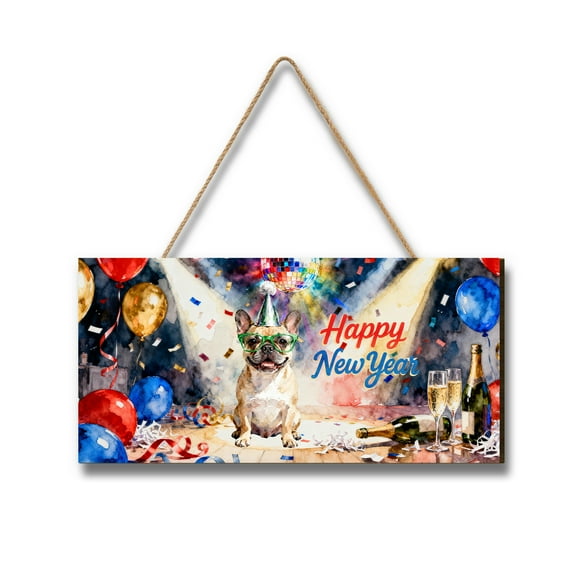 Happy New Year French Bulldog Chills on Year-End Party Landscape Wood ...