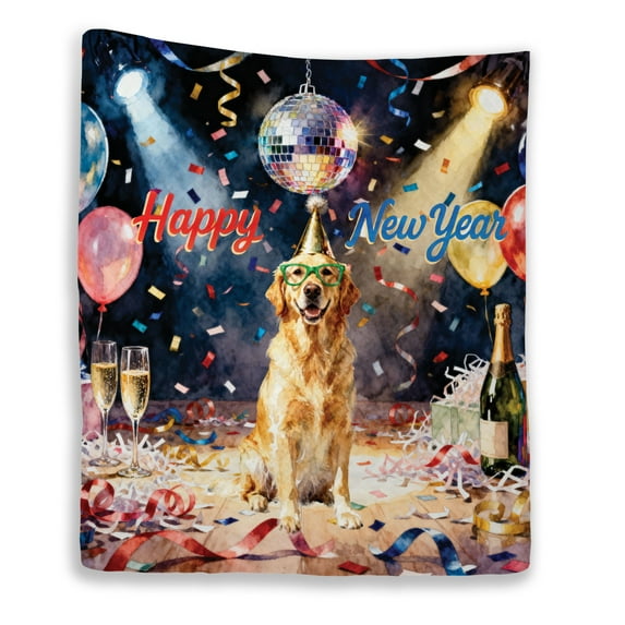 Happy New Year Golden Retriever Chills on Year-End Party Quilt Blanket ...