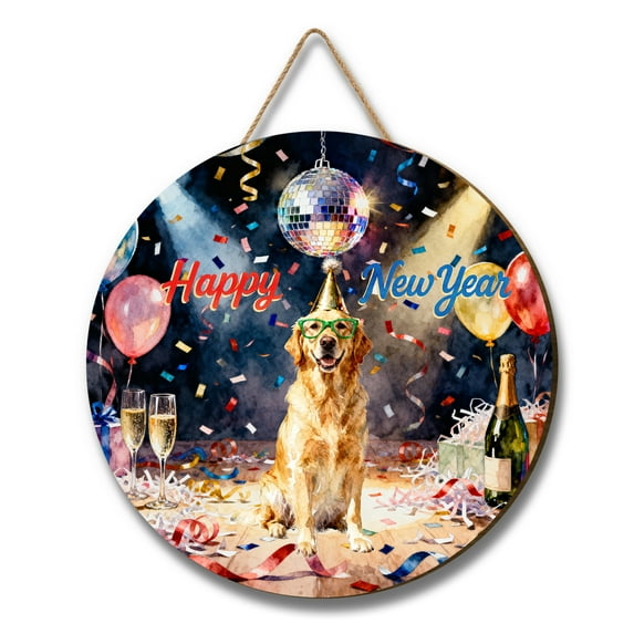 Happy New Year Golden Retriever Chills on Year-End Party Round Wood ...