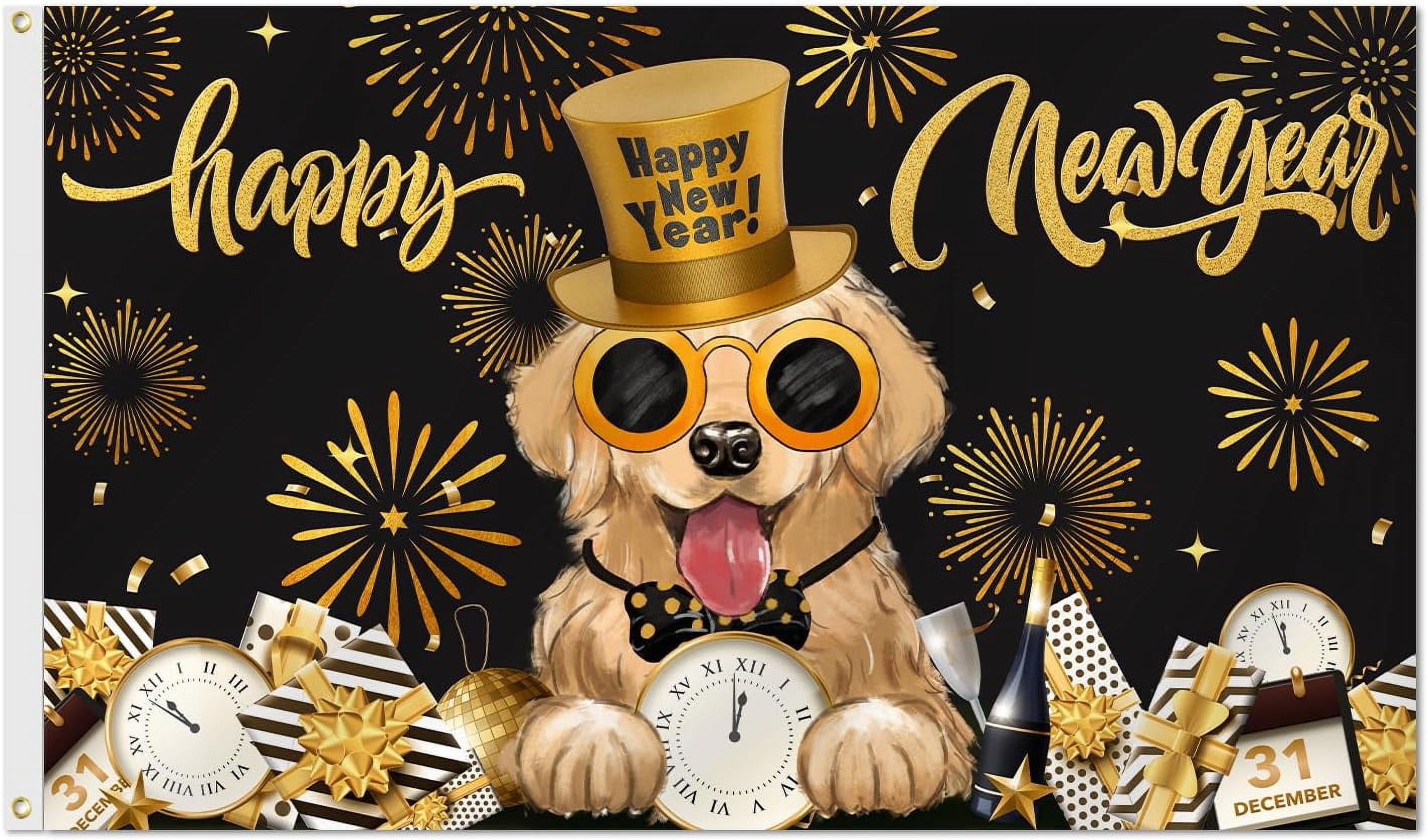 Happy New Year Golden Retriever Dog Flag 2x3 FT , Winter New Year Eve ...