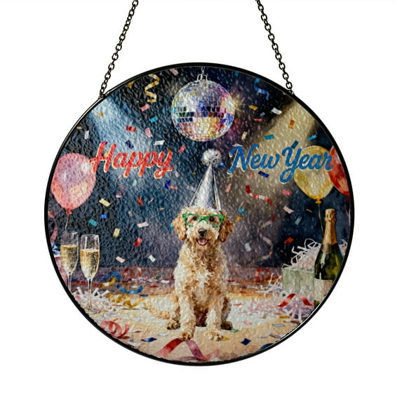 Happy New Year Goldendoodle Chills on Year-End Party Stained Glass ...