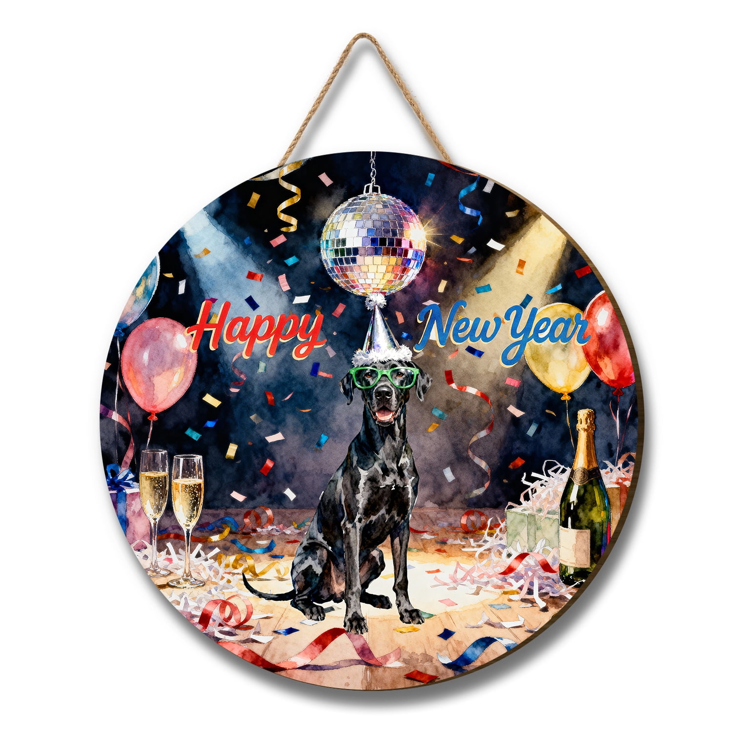 Happy New Year Great Dane Chills on Year-End Party Round Wood Sign ...