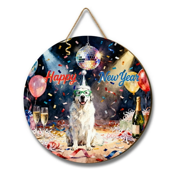 Happy New Year Great Pyrenees Chills on Year-End Party Round Wood Sign ...