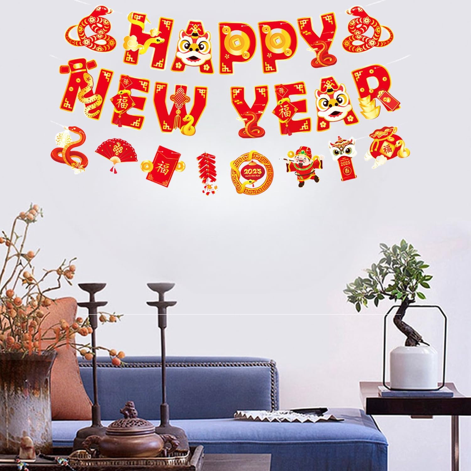 Happy New Year Hanging Banners, 2025 Asian Spring Festival Cardstock ...