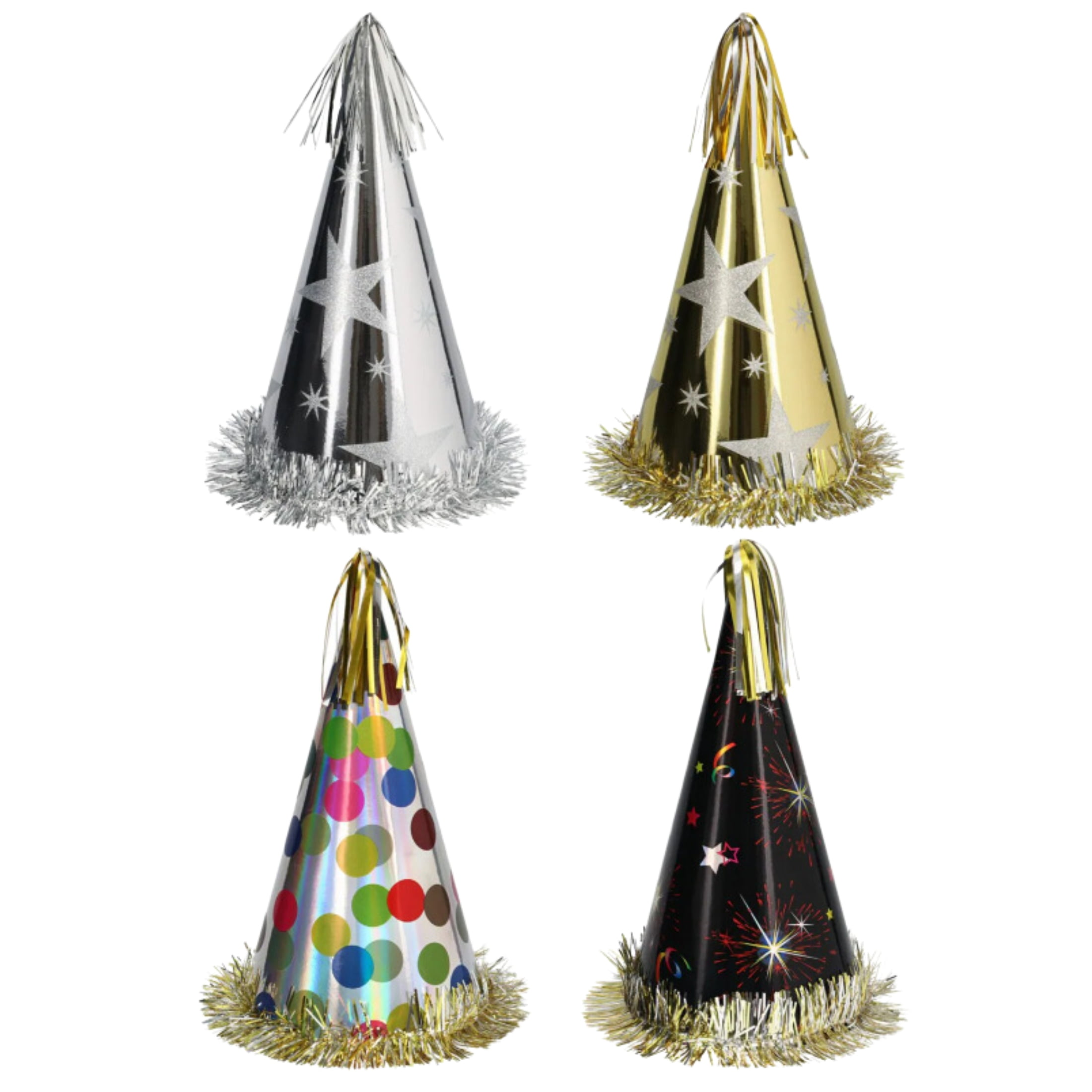 Happy New Year Hats 4 Pieces Assorted Foil Cone Hat for Kids and Adults ...