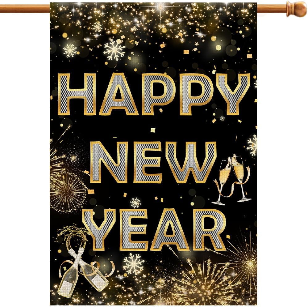 Happy New Year House Flags 28x40 Double Sided Burlap, Winter Welcome ...
