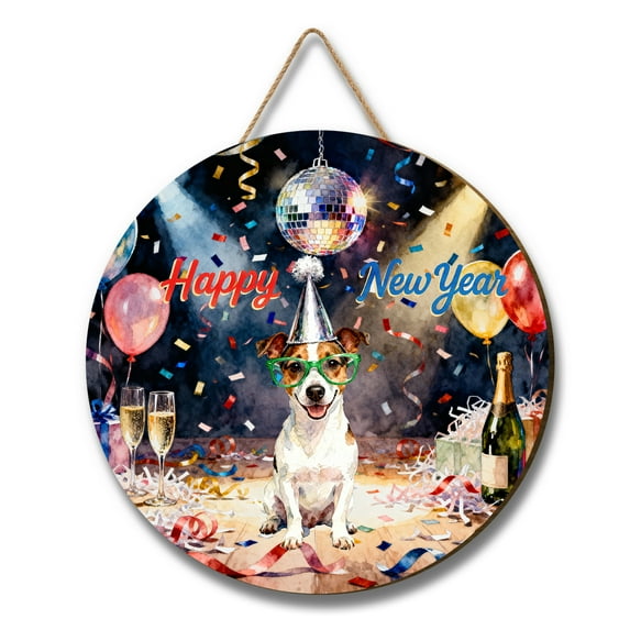 Happy New Year Jack Russell Terrier Chills on Year-End Party Round Wood ...