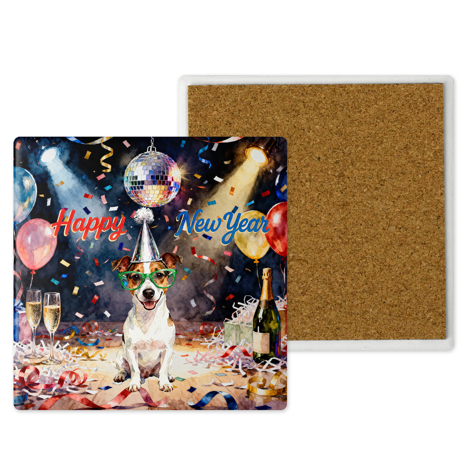 Happy New Year Jack Russell Terrier Chills on Year-End Party Set of 4 ...