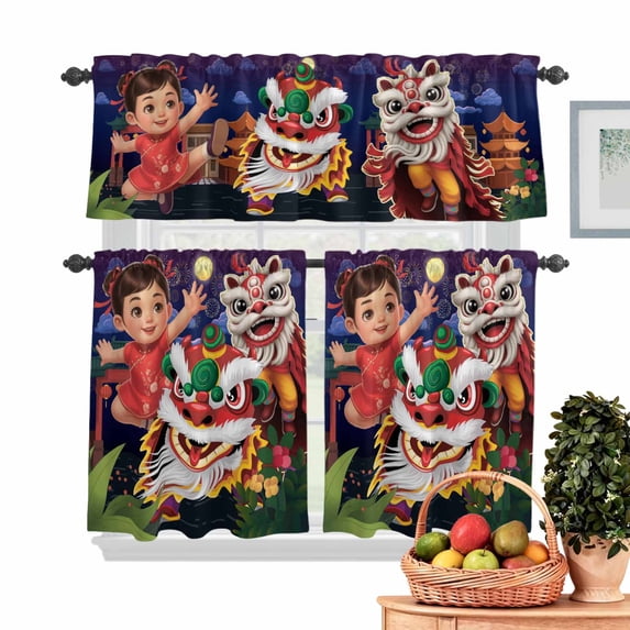 Happy New Year Kitchen Curtains Valances 3 Piece Set, Cartoon Girl ...