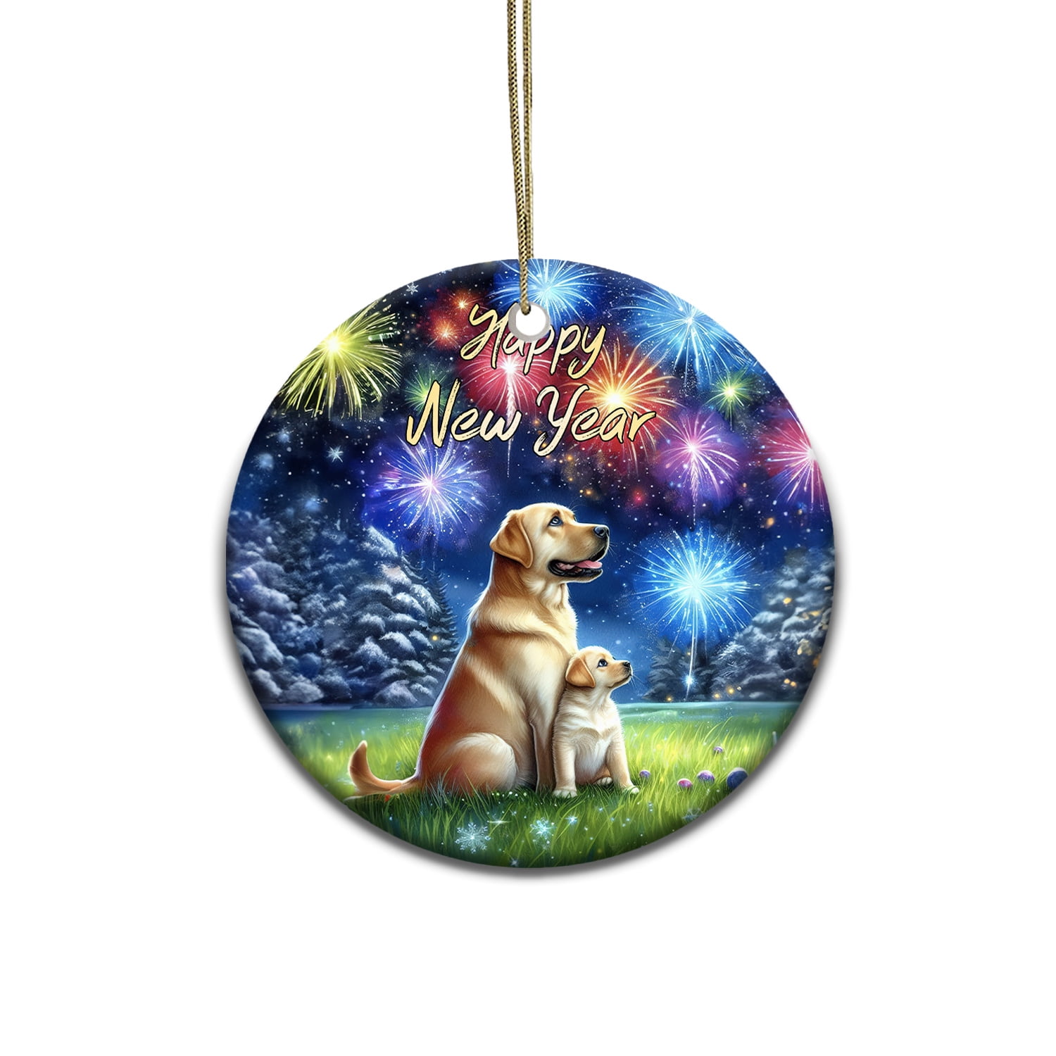 Happy New Year Labrador Retriever Family Cheer Winter Midnight Firework ...
