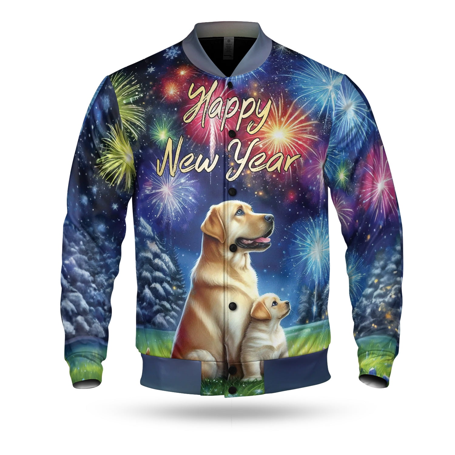 Happy New Year Labrador Retriever Family Cheer Winter Midnight Firework ...