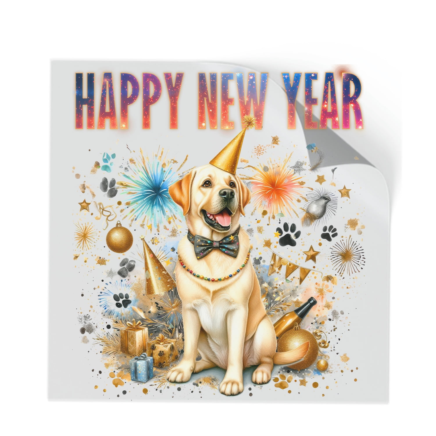 Happy New Year with Labrador Retriever Fireworks Holiday Xmas Winter ...